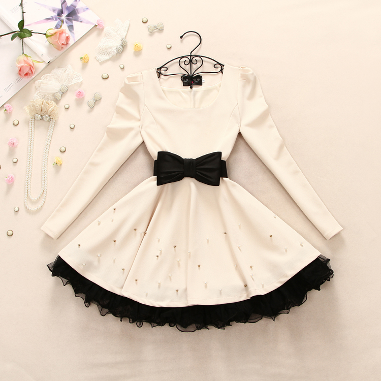 Bow Beaded Lace Long-sleeved Dress Zgb on Luulla